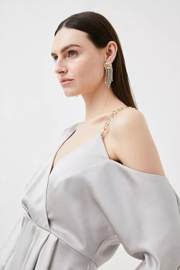 Satin Crepe Chain Trim Draped Mini Dress - Divine & Elegant