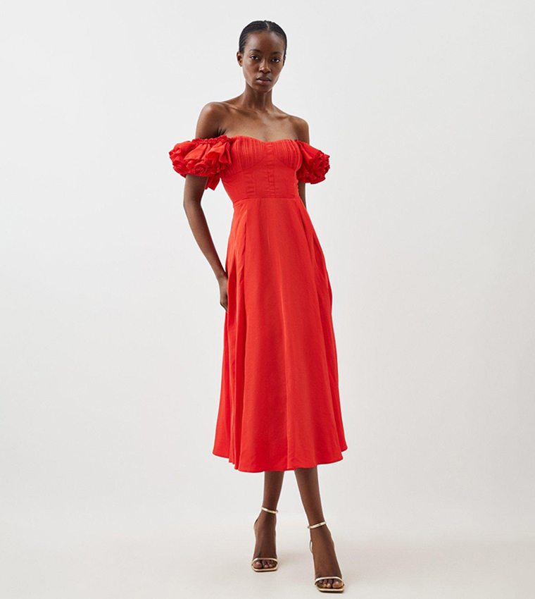 Taffeta Ruffle Woven Midi Dress - Divine & Elegant