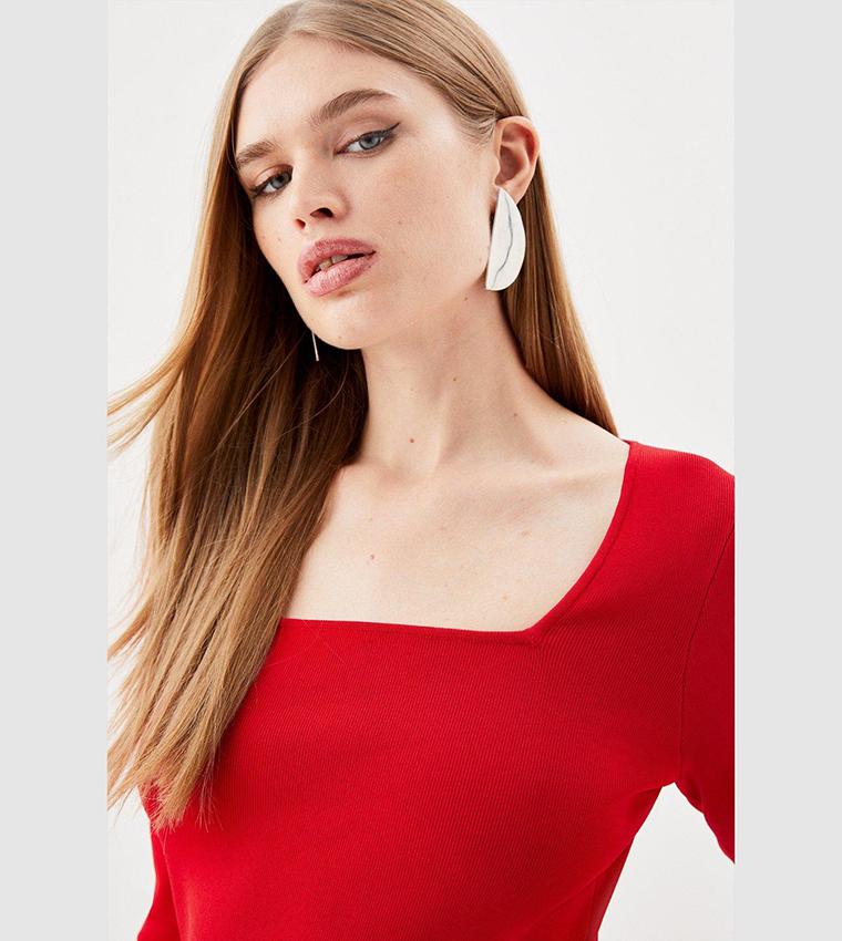 Body Contouring Square Neck Knit Top - Divine & Elegant