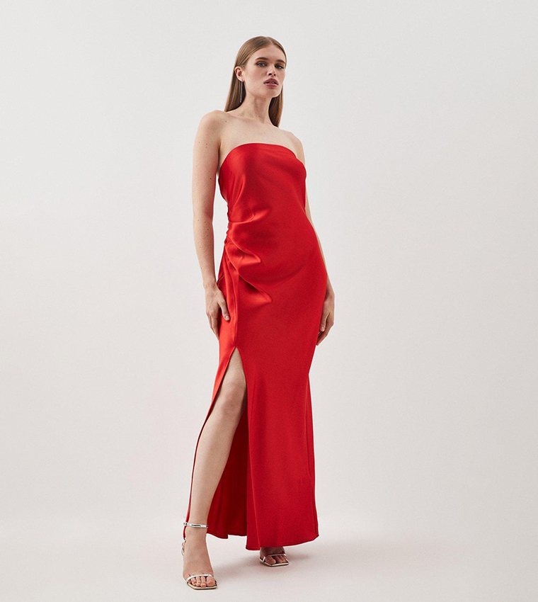 Strapless Premium Satin Panelled Woven Midi Dress