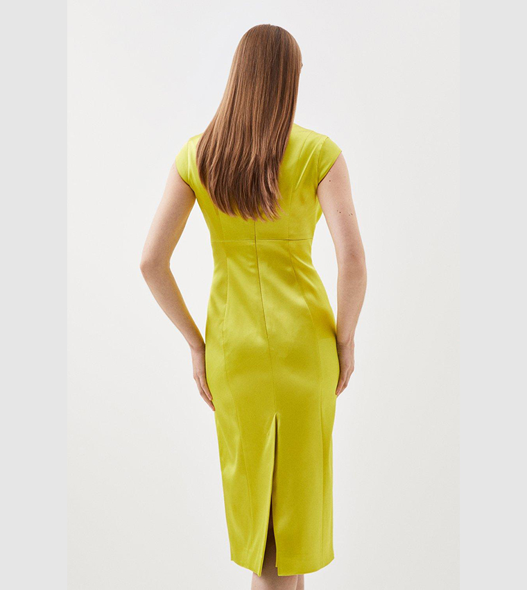Italian Satin Envelope Neck Pencil Tailored Midi Dress