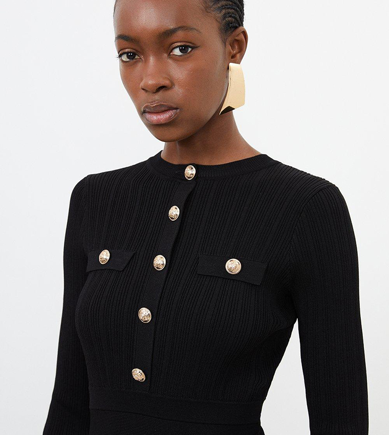 Viscose Blend Rib Knit Military Trim Skater Dress