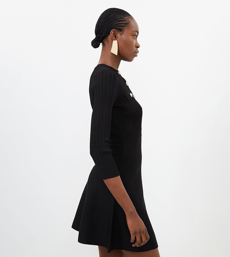 Viscose Blend Rib Knit Military Trim Skater Dress