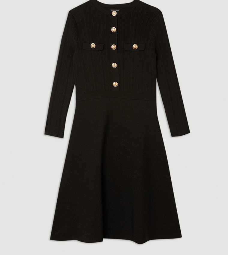 Viscose Blend Rib Knit Military Trim Skater Dress