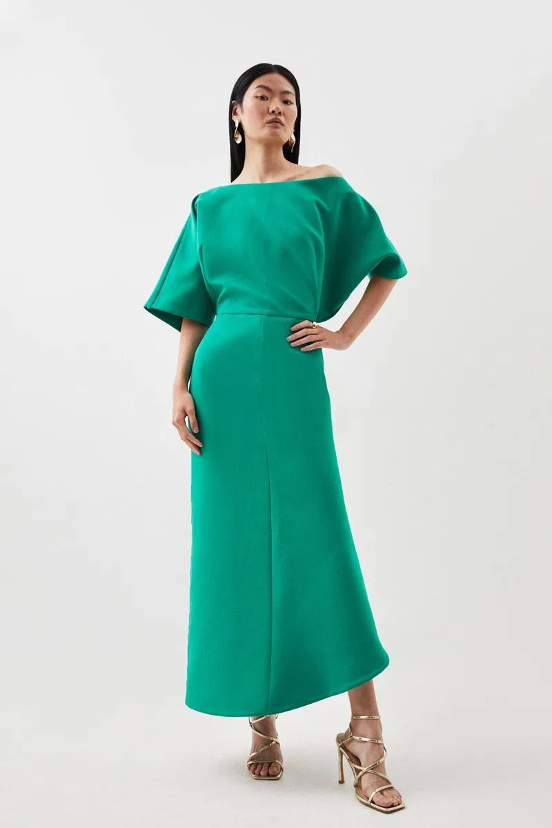 Clean Tailored Off Shoulder Short Sleeve Midi Dress