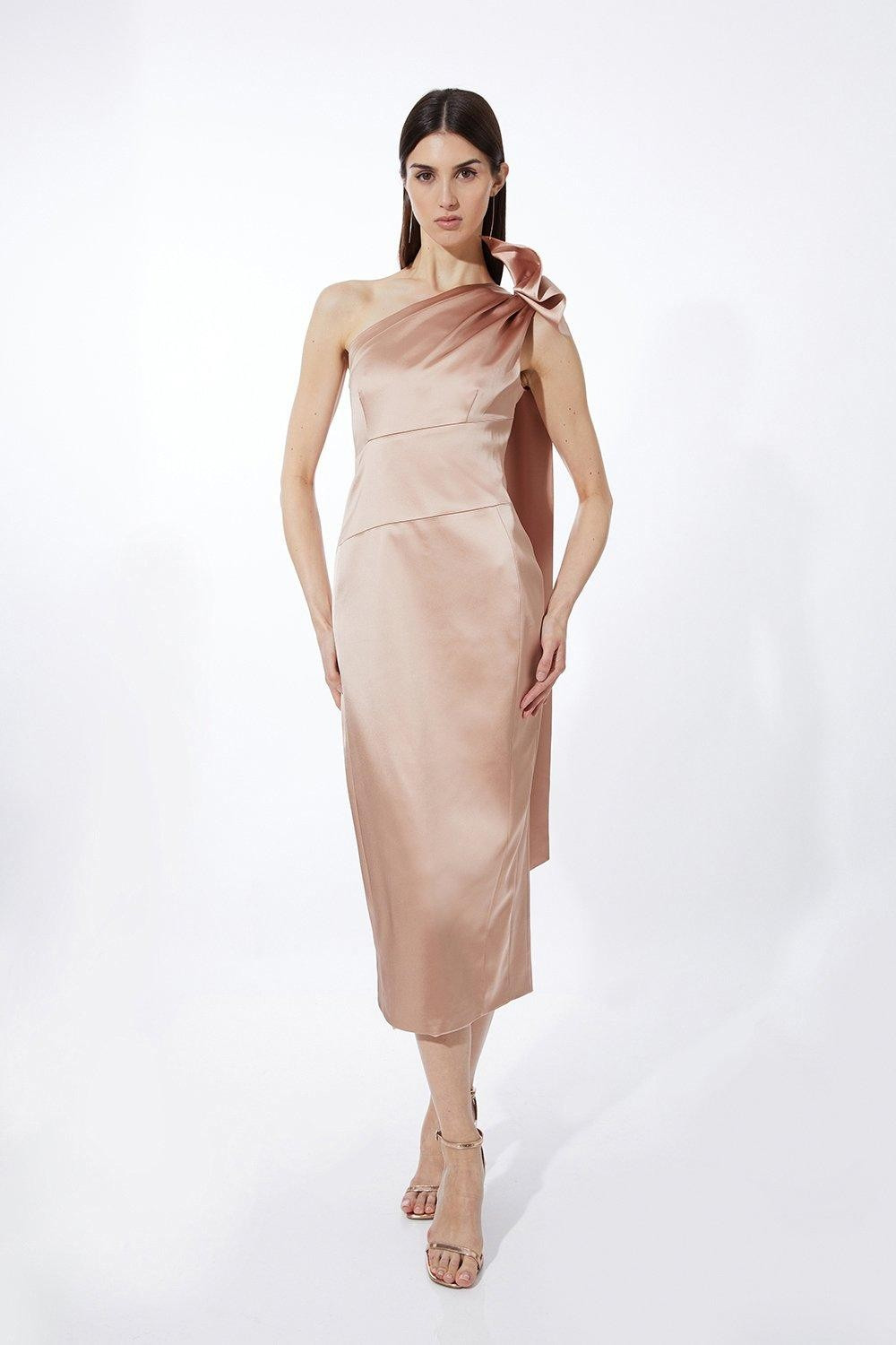 Italian Satin Drape Shoulder Tailored Midi Dress