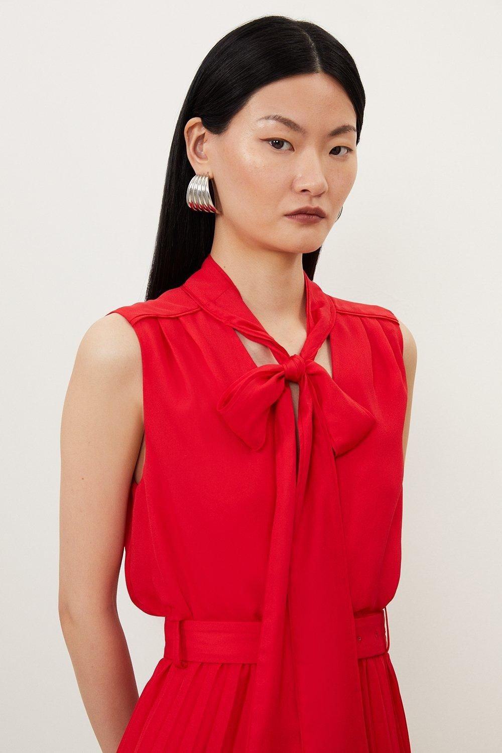 Pleated Georgette Tie Neck Mini Dress - Divine & Elegant