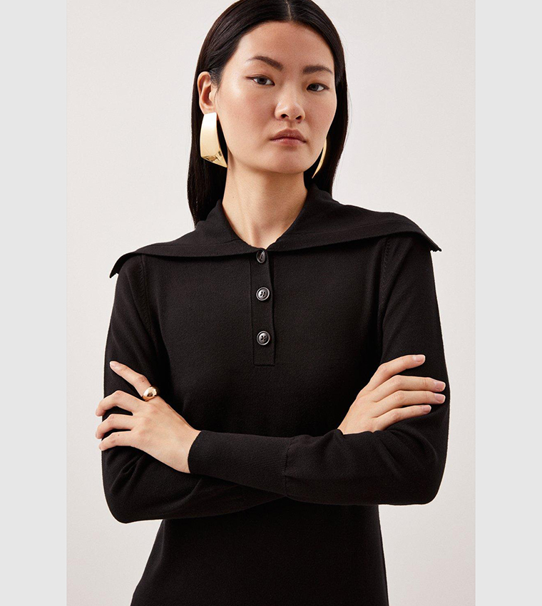 Viscose Blend Fly Collar Knitted Midi Dress