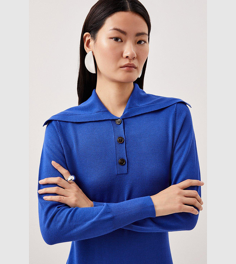 Viscose Blend Fly Collar Knitted Midi Dress