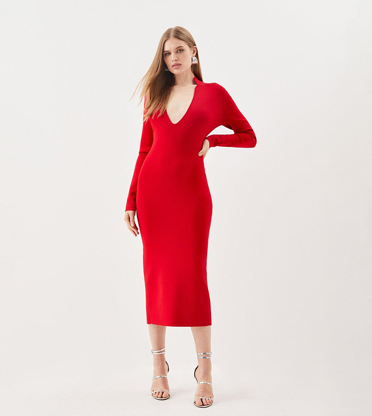 Body Contouring Collared Knit Midi Dress - Divine & Elegant
